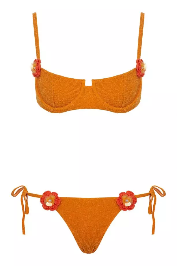 oranje lurex bikini mei blommen details, bêste bikini