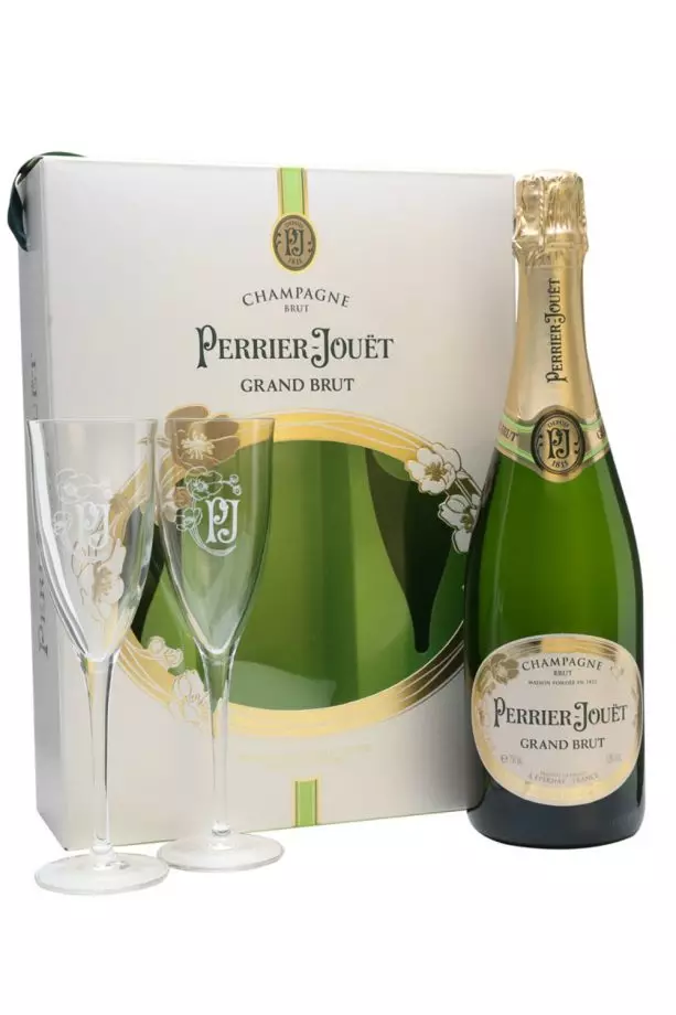 IChampagne yePerrier-Jouët Grand Brut kunye neseti yesipho seglasi