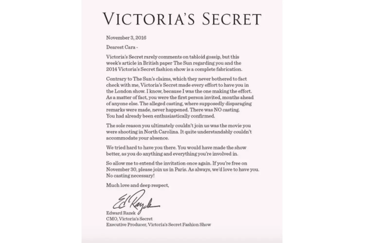 Cara Delevingne Victoria's Secret Letter साझा गर्छिन्