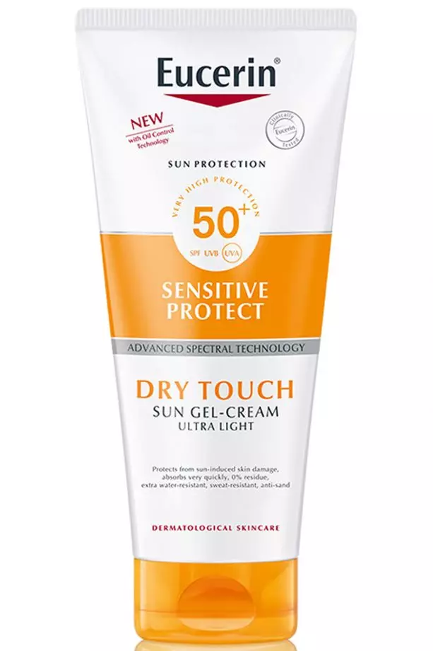 Eucerin Sun Gel-Cream Dry Touch Sensitive Protect SPF50+ - krim panonpoé pangsaéna pikeun kulit poék