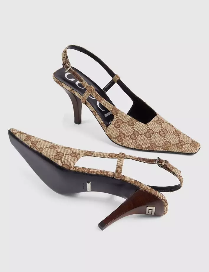 логотипи gucci хачирҳои slingback чоп бо Браун равшан ва торик