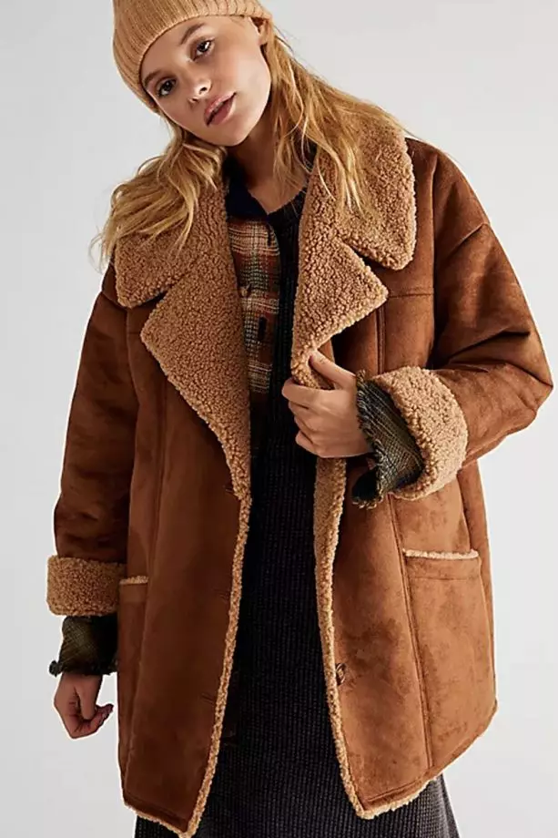 cozy brown na cream faux shearling midi ikoti