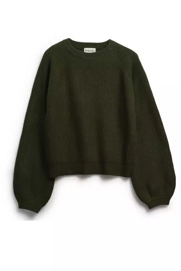 maglione verde con maniche a palloncino