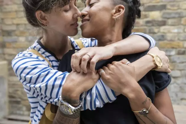 Fantasmes sexuels : un couple de lesbiennes se tient la main et s'embrasse